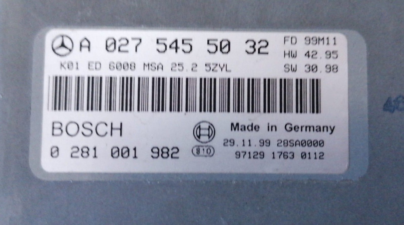 MERCEDES Sprinter 2.9 A0275455032 Bosch 0281001982 hw42.95 – EcuFacile